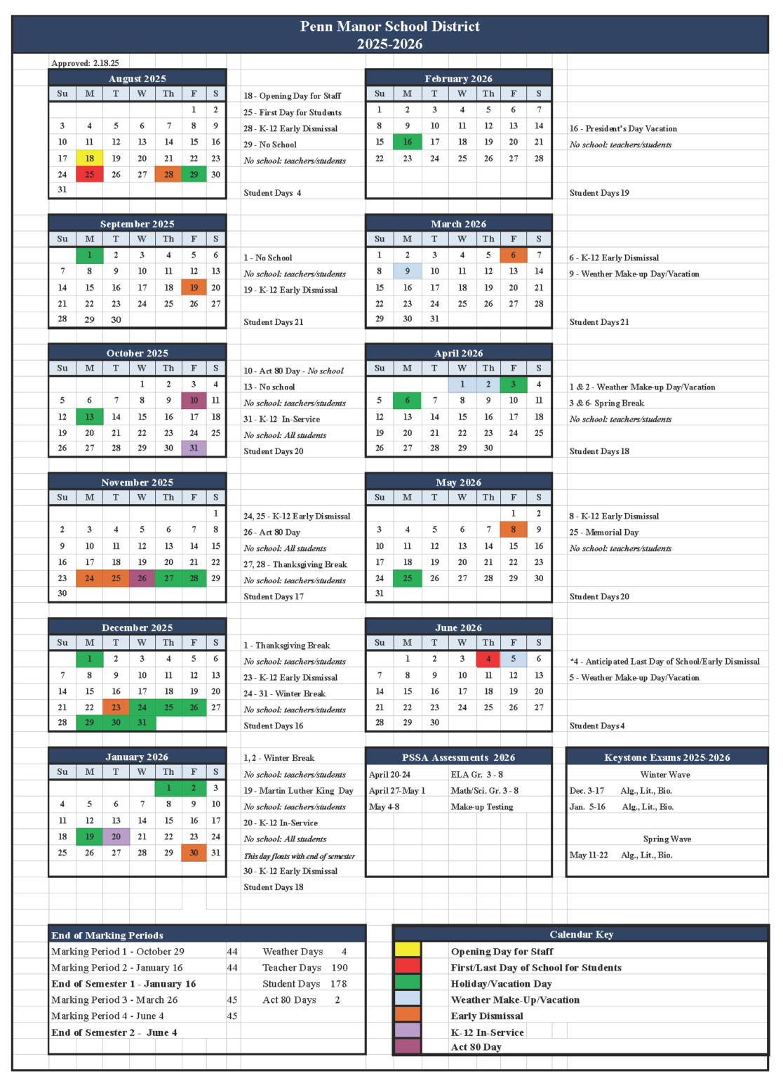 2025-2026 school calendar approved by school board – Penn Manor School ...
